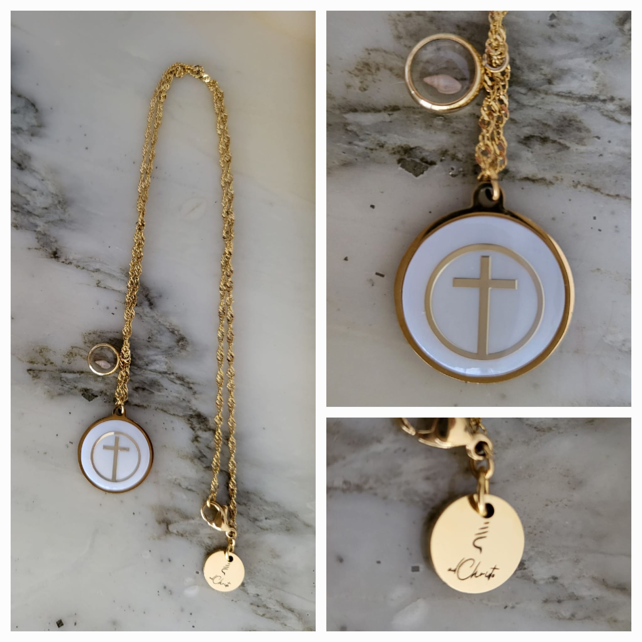Collier avec médaille croix nacre et mini coquillage